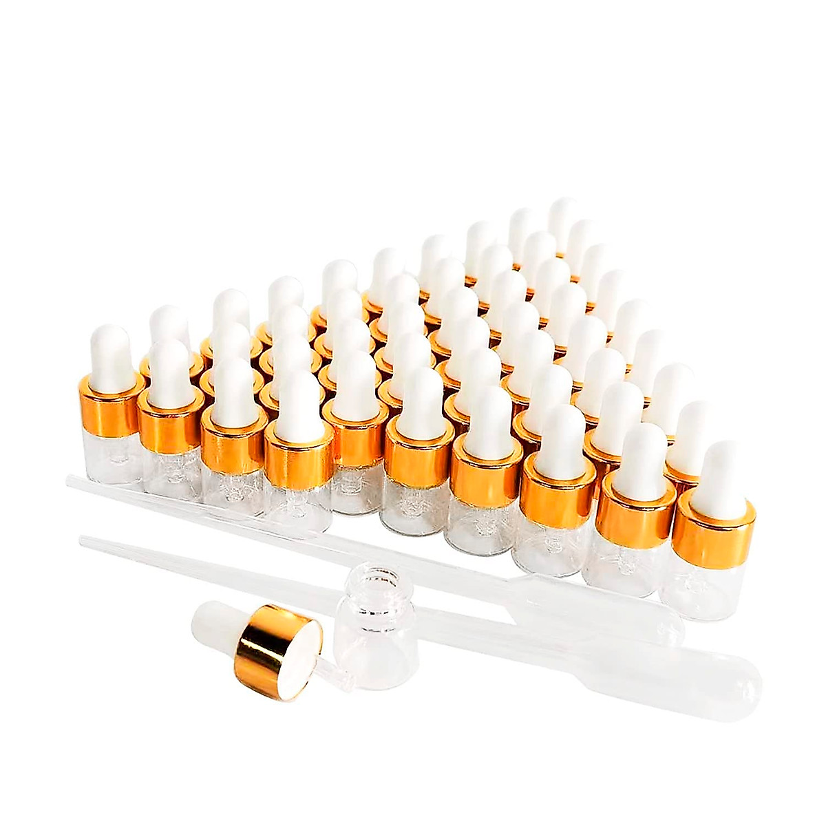BEGIKET 50PCS Transparent Sample Dropper Bottles, 1 ml Mini Essential Oil Dropper Bottle with 2 Plastic Droppers, Used for Travel Essential Oil, Perfume and Cosmetic Liquid