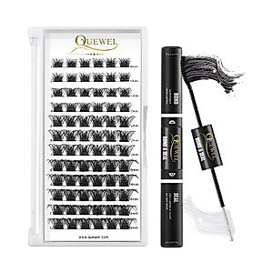 QUEWEL Cluster Lashes 72 Pcs Wide Stem Individual Lashes C/D Curl 8-16mm Length + Lash Bond And Seal, Lash Cluster Glue For DIY Eyelash Extensions