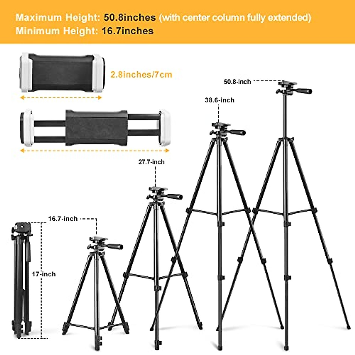Aureday Phone Tripod, 50” Extendable Adjustable Smartphone & Tablet Tripod Stand with Phone Holder Mount & Remote, Compatible with Tablet/Cell Phone/Camera