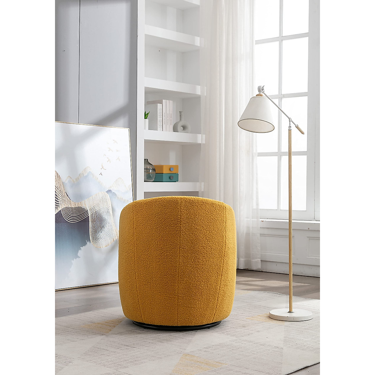 INMOZATA Swivel Barrel Chair, Teddy Fabric Modern Accent Armchair Barrel Chair with Metal Base, Upholstered Comfy 360°Round Single Reading Chair for Living Room Bedroom,Yellow