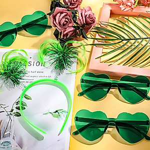12 Pcs St. Patrick's Day Costume Set Green Headband Tinsel Wrapped Ponytails Headbands Rimless Transparent Heart Glasses Heart Shape Sunglasses for Girls Kids Women Men