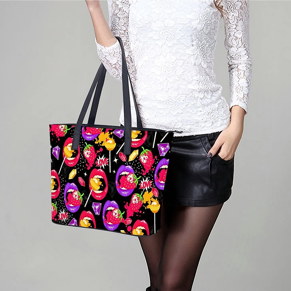Lips Strawberry And Love Women's Tote Bag PU Leather Shoulder Bag Handbags Purse For Work Shopping Travel