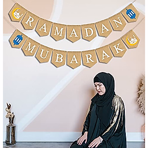 PTFNY Ramadan Mubarak Burlap Banner Muslim Ramadan Mubarak Bunting Banner Garland with Moon Castle Lantern Signs for Islamic Ramadan Eid Festival Celebration Mantle Fireplace Wall Party Decorations