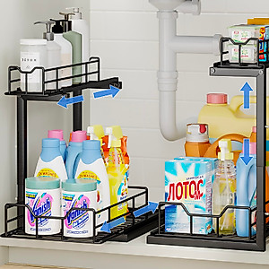 Fixwal 2 Pack Under Bathroom Sink Organizer and Storage, 2-Tier Adjustable Height Kitchen Bathroom Cabinet Organizers and Storage, Metal Pull Out Under Sink Storage for Kitchen Bathroom Cabinet Pantry