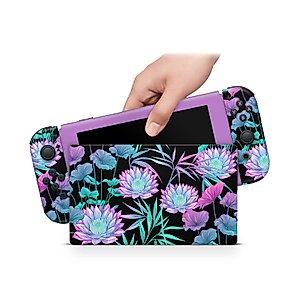 ZOOMHITSKINS OLED Switch Skin, Compatible with Switch OLED Skin Wrap, Turquoise Flowers Oriental Garden Lotus Water Pink Lilac Violet Night, 3M Vinyl for Durable & Fit, Made in The USA