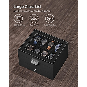 SONGMICS 8-Slot Watch Box, Lockable Watch Case with Glass Lid, 2 Layers, with 1 Drawer for Rings, Bracelets, Gift Idea, Black Synthetic Leather, Black Lining UJWB080B01