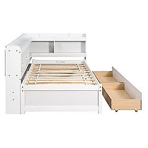 HomSof Twin Bed with L-Shaped Bookcases,Drawers,White