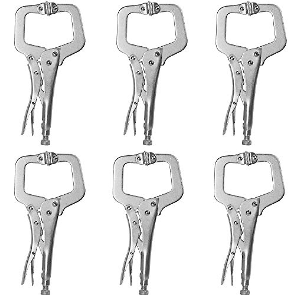 KEILEOHO 6 Pack 11 Inches C Clamp Locking Pliers with Swivel Pads, Heavy-Duty Locking Pliers, Woodworking Clamps Set, Adjustable Nickel Plated C Pliers