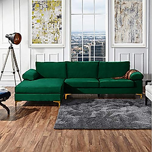 Casa Andrea Milano Modern Sectional Sofa L Shaped Velvet Couch, with Extra Wide Chaise Lounge and Gold Legs, Large, Emerald