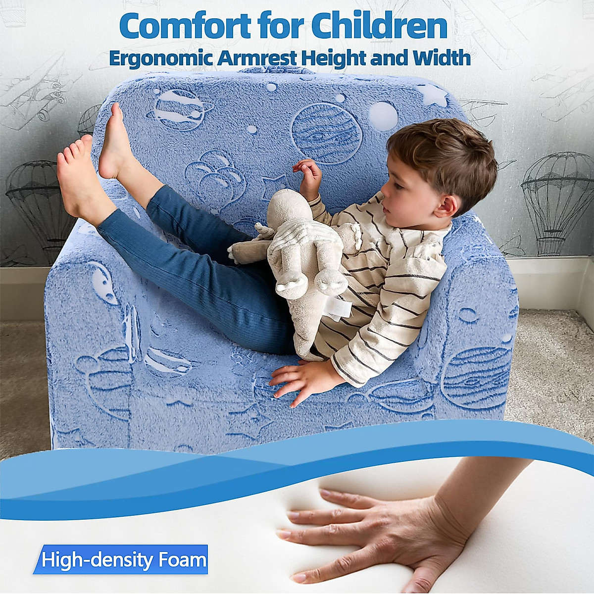 MeMoreCool Plush Toddler Chair Comfy Kids Armchair, Soft Foam Child Chair for Reading, Cozy Plush Chair for Toddlers 1-3, Glow Sofa Couch Kids Chair with Armrest, Blue