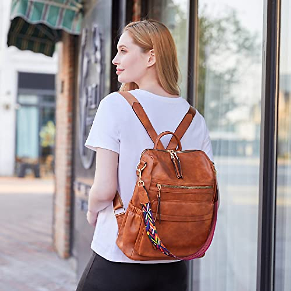 Dora & Liz Women Backpack Purse Fashion Leather Designer Ladies Convertible Travel College Shoulder Bags with Colorful Strap