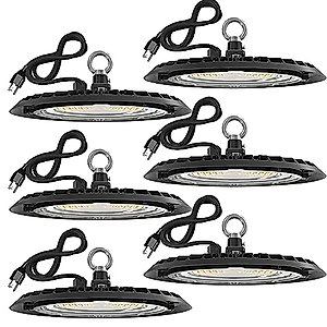 Sunco 6 Pack UFO LED Plug & Play High Bay Light, Lighting for Warehouse, 5000K Daylight, 150W, Power Cord Included, 19500 LM, 120VAC, IP65 Waterproof Shatterproof Fixture - UL Listed