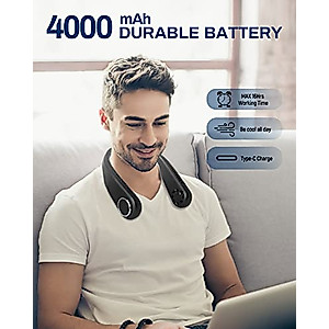 Hoizoxee 4000mAh Portable Fan, Wearable Bladeless Neck Fan, Battery Powered Personal Fan，Suitable for Indoor and Outdoor Sports,Home,Office,Travel