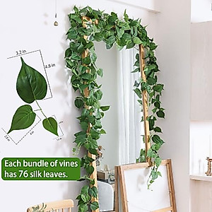 mizii 2 Strands Artificial Vines Scindapsus Garland 79" Real Touch Fake Vine with Silk Green Leaves Faux Hanging Plants Greenery Decoration for Bedroom Wall Party Wedding Room Decor