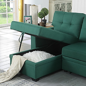 Devion Furniture L-Shaped Polyester Fabric Reversible, Easy Convertible Pull-Out Sleeper Sectional Sofa/Storage Chaise with Tufted Back Cushions and Track Arms in Green