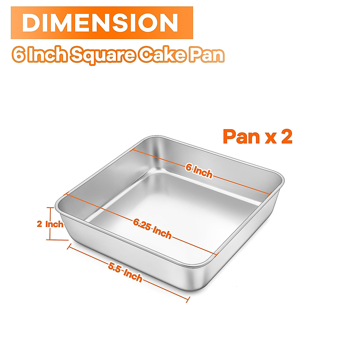 TeamFar 6 Inch Square Cake Pan, Stainless Steel Square Baking Pan for Lasagna Cake Brownie, Healthy & Heavy Duty, Dishwasher Safe & Easy Clean, Brushed Surface & Smooth Edge, Set of 2