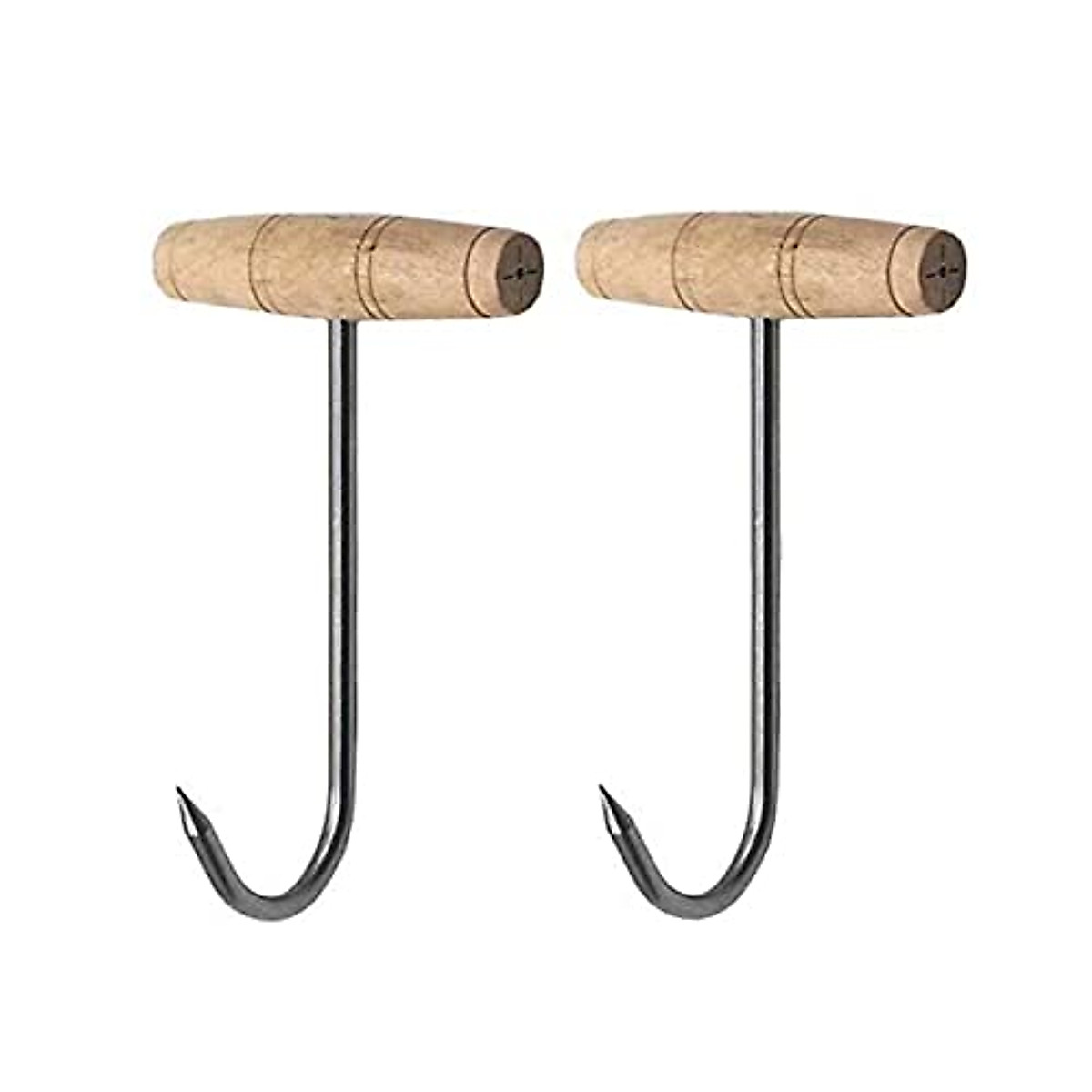 Tinsow 2pcs Stainless Steel T Hooks T-Handle Meat Boning Hook for Kitchen Butcher Shop Restaurant BBQ Tool (Wooden Handle)