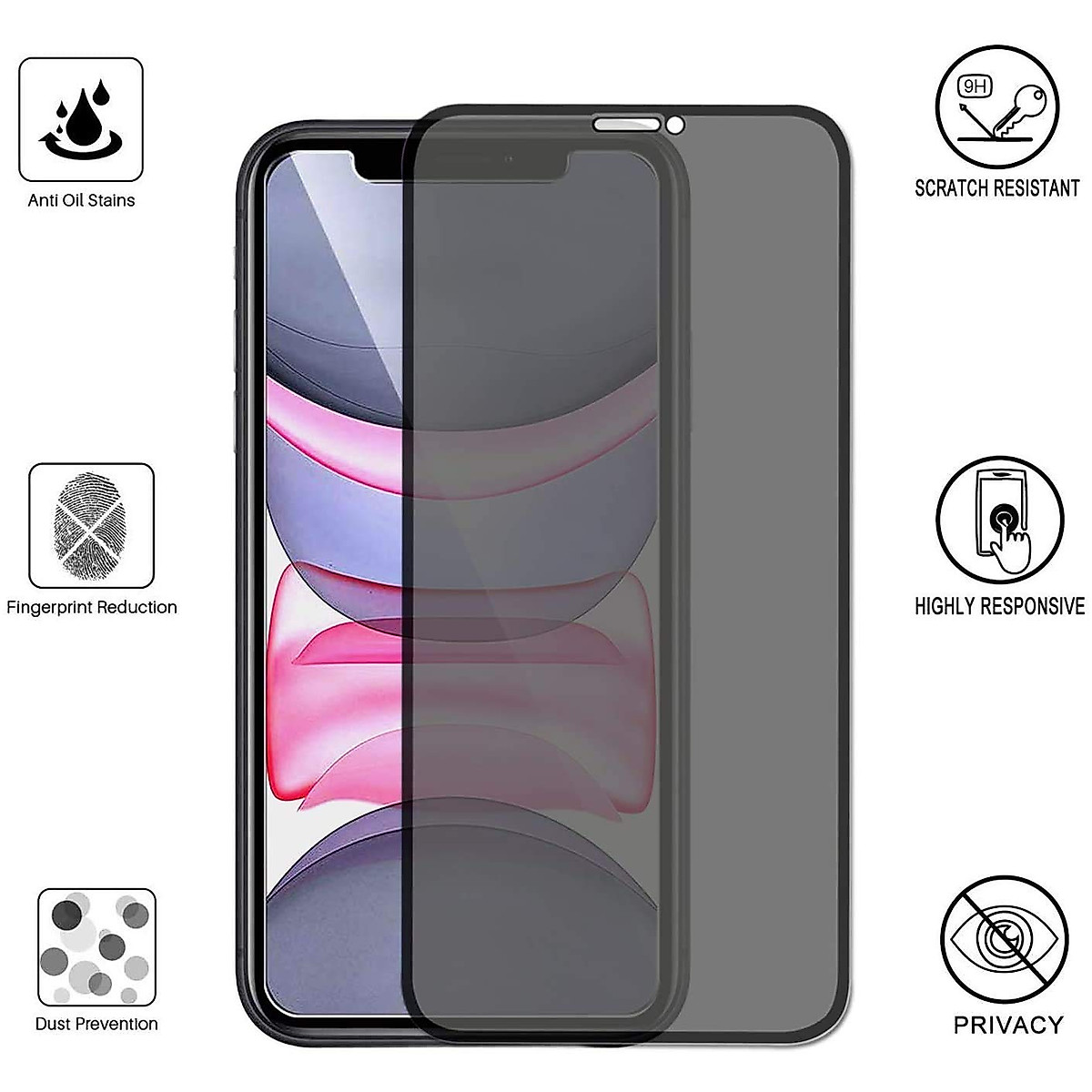 RoosterCo Privacy Screen Protector for iPhone 11/iPhone XR，Innovative Anti-Spy 2.5D Touch Full Cover 9H Tempered Glass [Bubble Free/Install easy] 6.1Inch, 2Pack