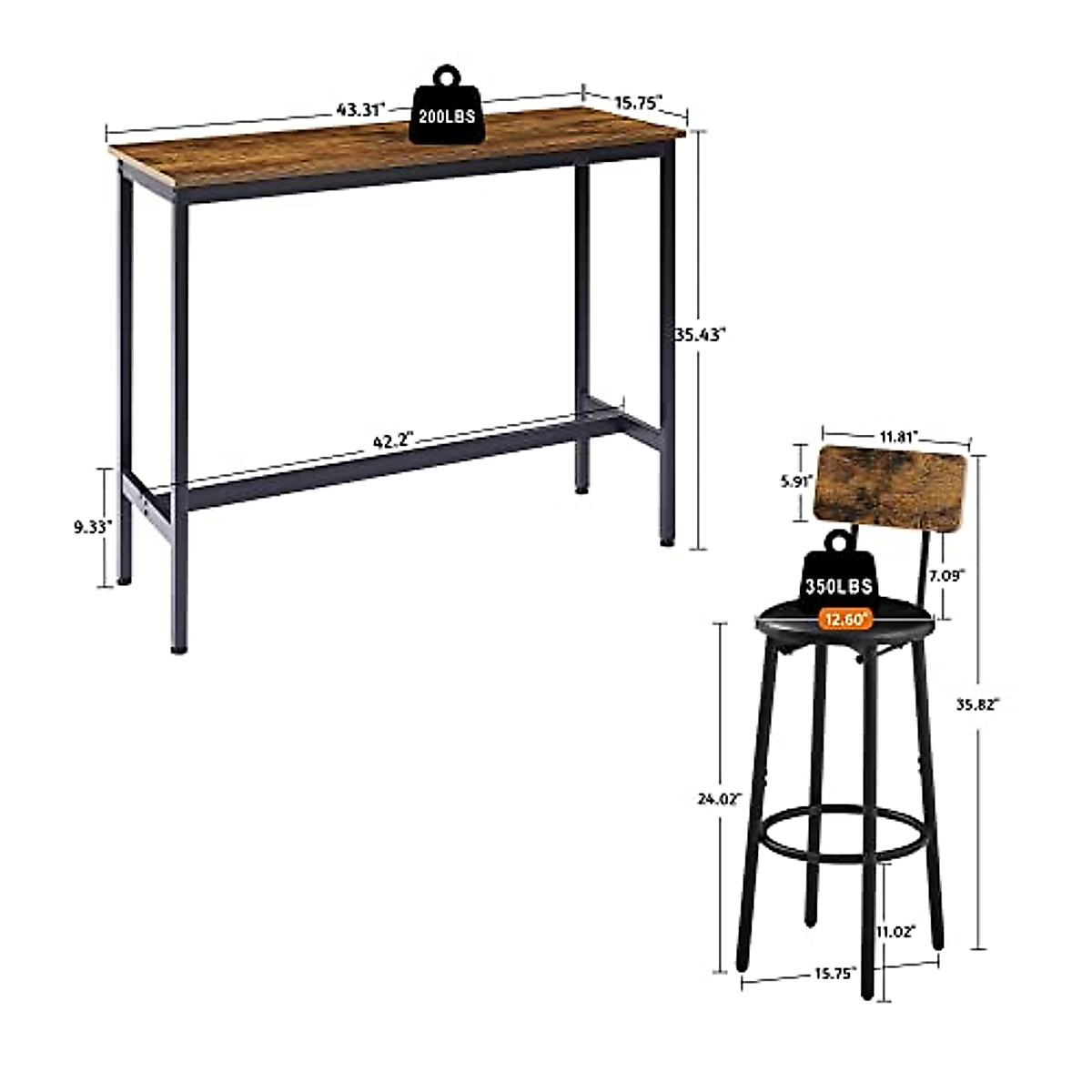 CIPACHO Bar Table and Chairs Set,3-Piece Dining Table Set,Industrial Counter Height Pub Coffee Bar Table Set with 2 stools for Kitchen, Living Room (Rustic Brown, 43.31’’L*15.75’’W*35.43’’H)
