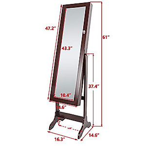 SUPER DEAL 2in1 Free Standing Jewelry Cabinet Lockable Full-Length Mirrored Jewelry Armoire with 5 Shelves Large Storage Capacity Organizer, 4 Angles Adjustable (Brown)
