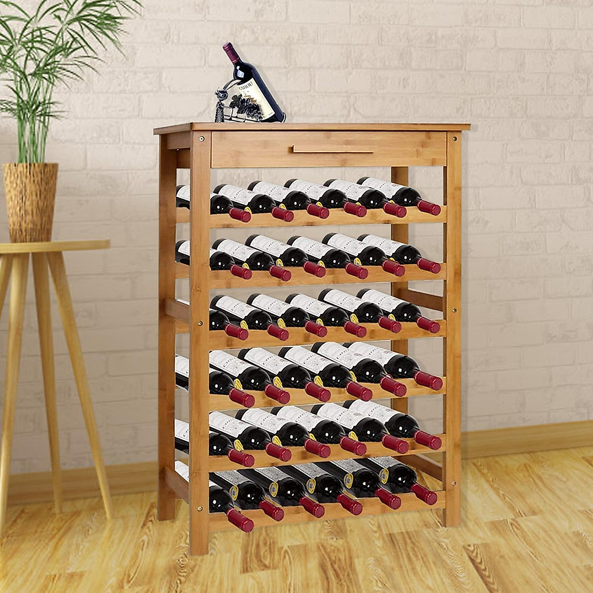 Kinsuite 36 Bottle Wine Rack Freestanding Floor with Drawer Bamboo Wine Rack Table Storage Holder Display 6 Shelves for Storing Wine for Home