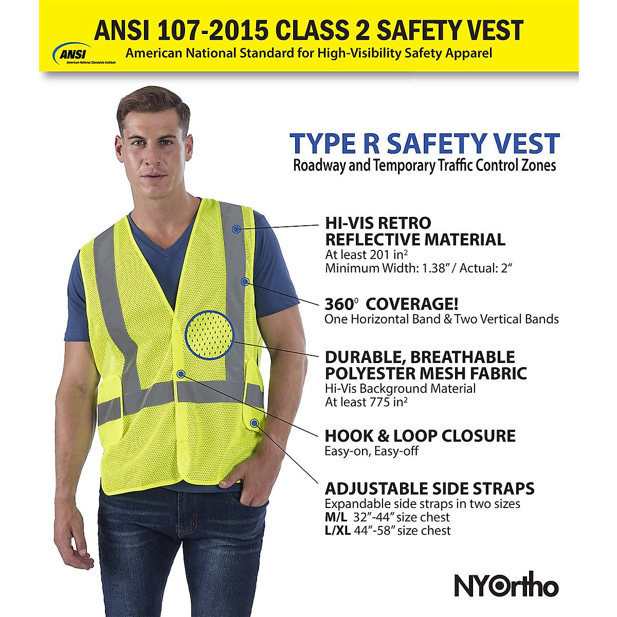 NYOrtho Reflective Vest For Walking - Highly Visible & Breathable Mesh Safety Vest Reflective -Lightweigh - Sweat-Free - ANSI/ISEA Class 3