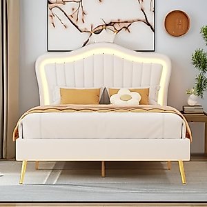 Led Bed Frame, Full Size Upholstered Bed Frame with Led Lights, Modern Upholstered Princess Bed with Crown Headboard & Wooden Slats Support for Teens Boys Girls, No Box Spring Needed (White, Full)