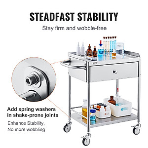 VEVOR Shelf Stainless Steel Utility Cart Catering Cart with Wheels Medical Dental Lab Cart Rolling Cart Commercial Wheel Dolly Restaurant Dinging Utility Services (2 Shelves/ 1 Drawer)