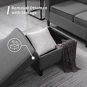 Mjkone 78“ Sectional Sofa Couch for Living Room | Convertible Linen Sofa Chaise with Reversible Storage Ottoman | Modern Modular Sofa with 2 Side Pockets | Small Sofa for Small Places (Dark Grey)
