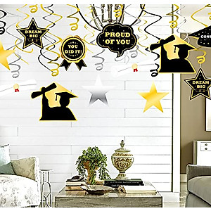 42PCS Graduation Decorations 2023 Hanging Swirls Party Supplies - Grad Star/Mortarboards/Diplomas Ceiling Foil Ornaments（Black,Silver,Gold）