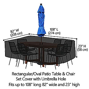 108 Inch Rectangular Oval Patio Table Chair Set Cover with Umbrella Hole Waterproof Outdoor Dining Table and Chairs Cover Rectangle, Black