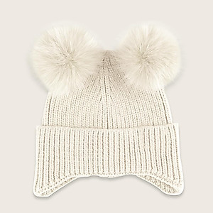 C.C Baby Double Fur Pom Pom Beanie with Ear Flap for Boys Girls Soft Warm Infant Toddler Knit Skully Hat with Faux Fur Ivory