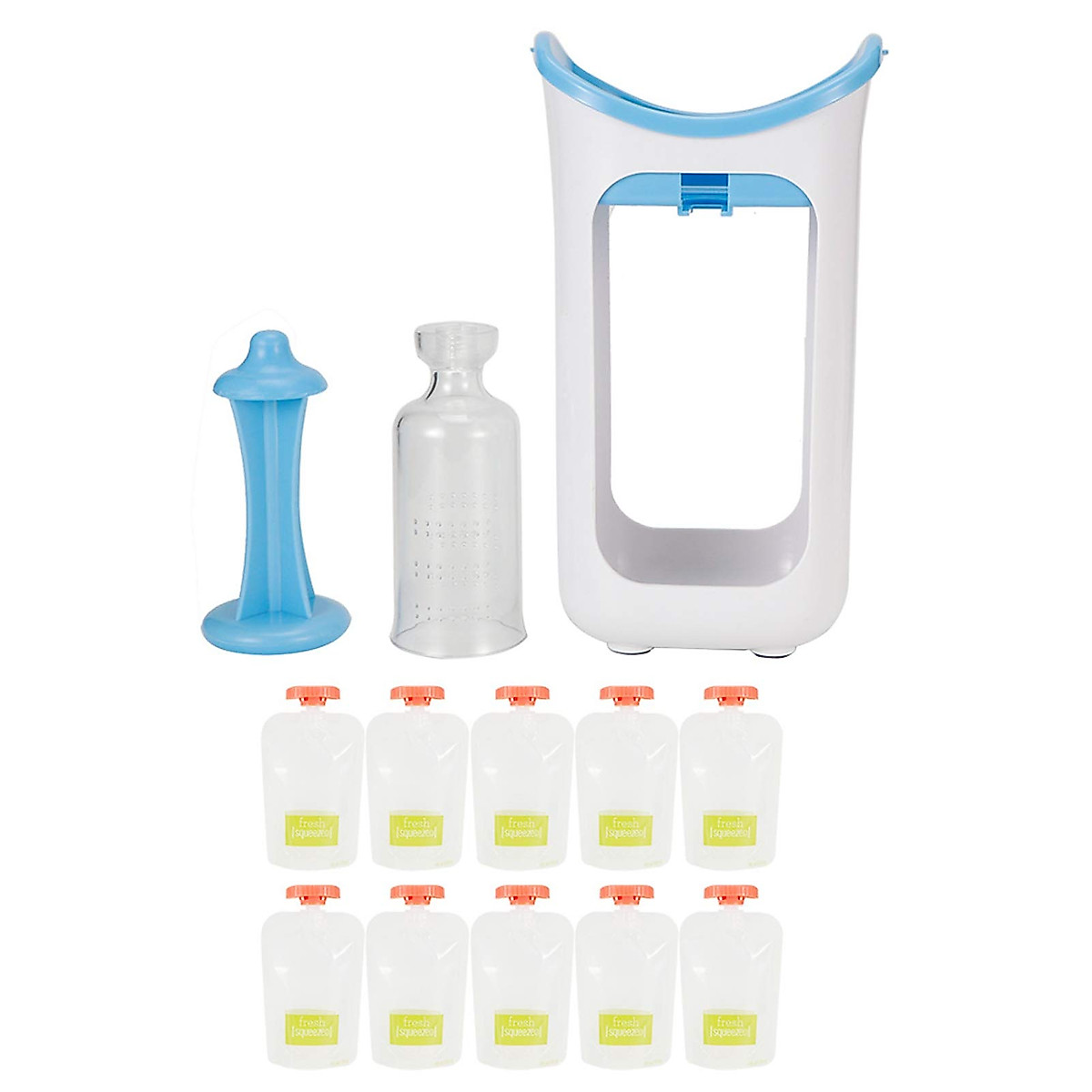 Fruit Puree Squeezer with 10 Squeeze Pouches DIY Squeeze Station for food(blue)