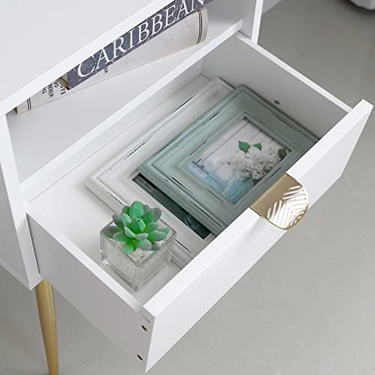 White Mid Century Modern Nightstand, Wood End Table for Living Room, Bed Side Table, Night Stand with Drawer and Shelf, Sturdy Construction, Easy Assembly