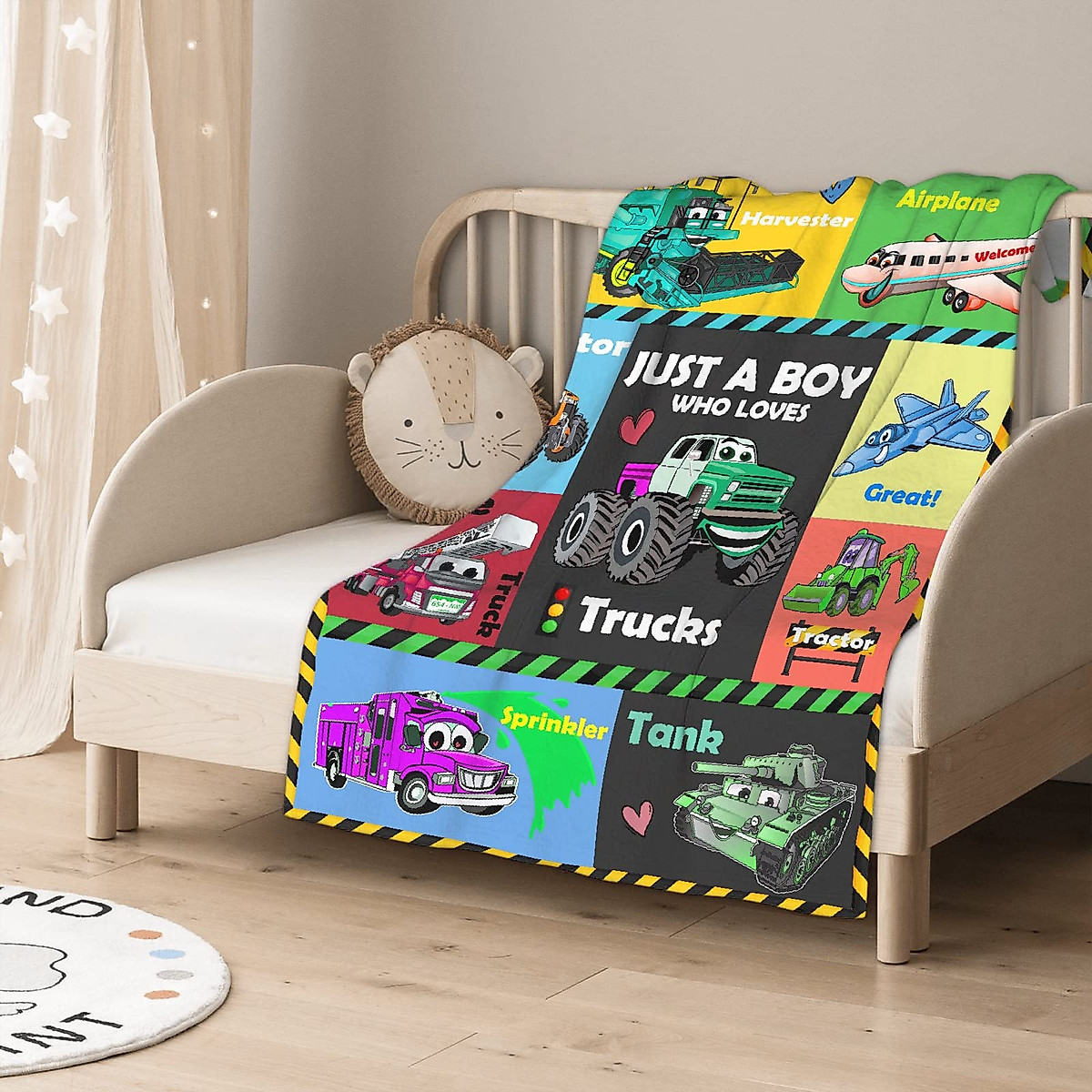 Truck Blanket,Car Gift for Boys,Just A Boy Who Loves Trucks Throw,Soft Tractor Flannel Blanket Lightweight Airplane Blanket Decor Tank Quilt for Kids Bed Sofa Car 40"x50" for Kid Boy