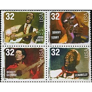 FOLK MUSICIANS ~ JOSH WHITE ~ SONNY TERRY ~ WOODY GUTHRIE ~ LEADBELLY #3215a Block of 4 x 32¢ US Postage Stamps
