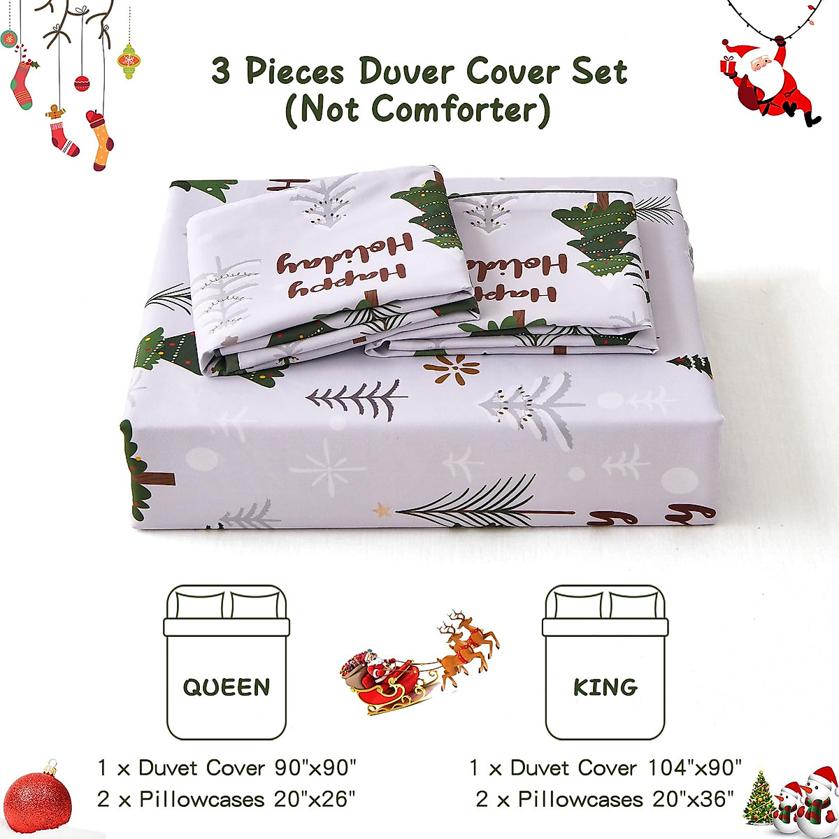 Luxudecor Christmas Duvet Cover Set Queen Size 3 Pieces, Green Christmas Tree Pattern, Soft Microfiber Duvet Cover, Reversible Bedding Set Xmas Holiday Decor(Not Comforter)