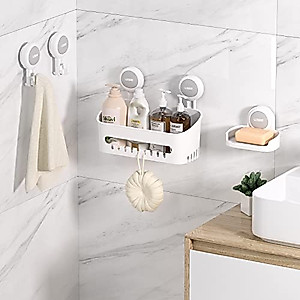 4 Packs Shower Caddy Suction Cup Set - Shower Shelf+Soap Dish+Suction Hooks - One Second Installation NO-Drilling Removable Powerful Waterproof DIY Shower Organizer for inside Shower Bathroom Kitchen