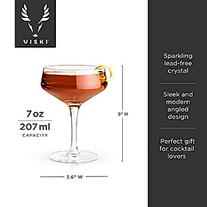 Viski Raye Angled Stemmed Crystal Coupe Cocktail glassess, Champagne Coupe Glasses, Drinkware Set, Espresso Martini glasses set of 2, 7oz