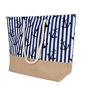 Heavy Shoulder Cotton Rope Handles Ship Anchor Hooks Printed Zipper Closure Women Straw Beach Premium Tote Bag by BB (Navy Blue)