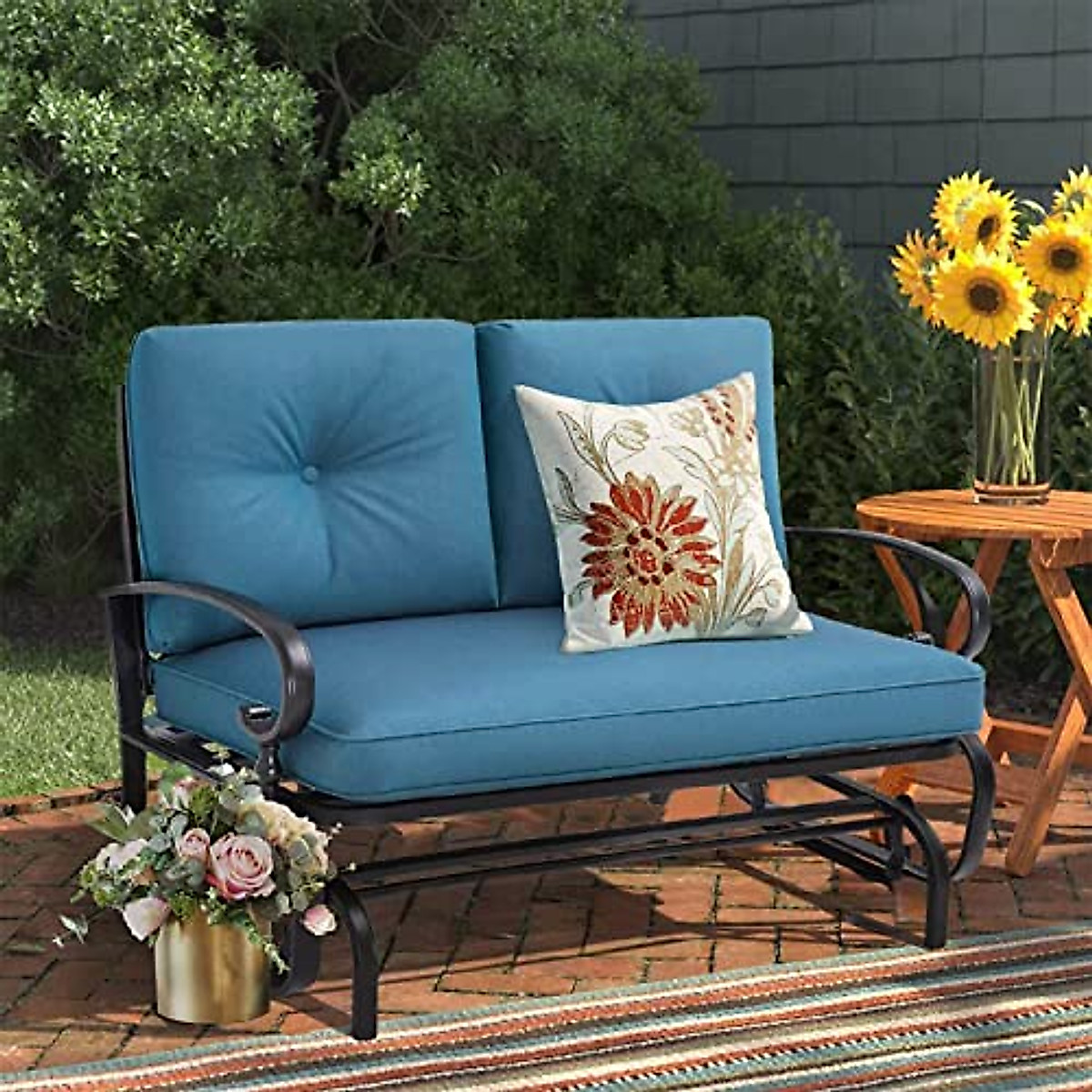 Incbruce Outdoor Rocking Chair with Cushion Glider Bench for 2 Person, Seating Loveseat Steel Frame for Porch, Patio, Garden (Peacock Blue)