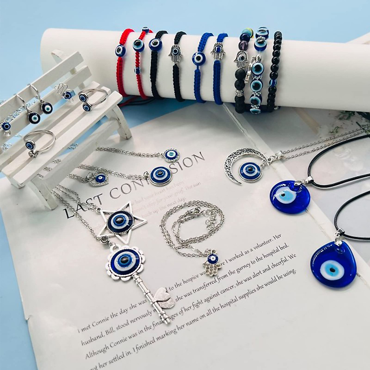 Svovin 23 Pieces Evil Eye Necklace Pendant for Women Men Turkish Lucky Blue Eyes Amulet Leather Rope Evil Eyes Earrings Bracelets Jewelry Set