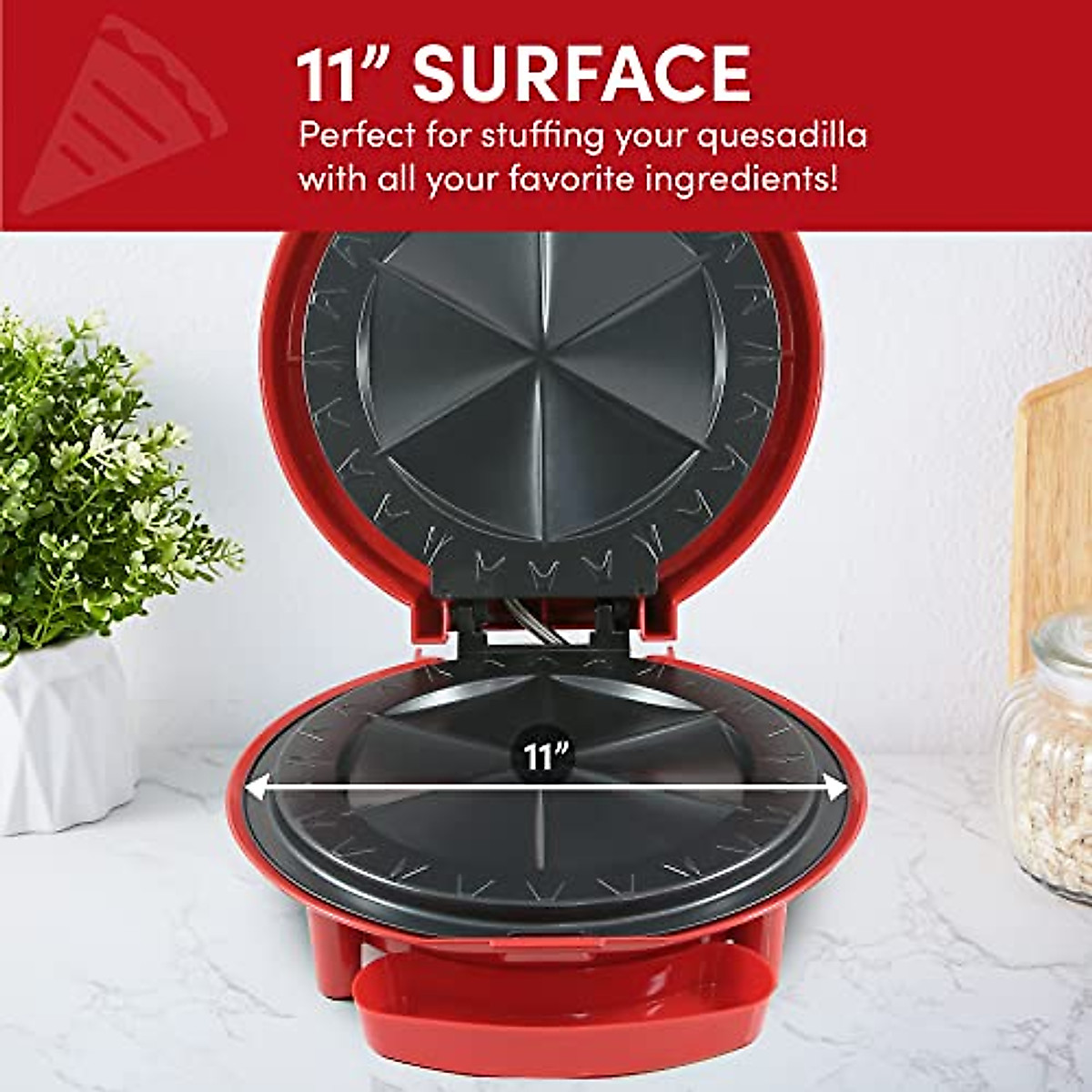 Elite Gourmet EQD-118 Non-Stick Electric, Mexican Taco Tuesday Quesadilla Maker, Easy-Slice 6-Wedge, Grilled Cheese (Red)