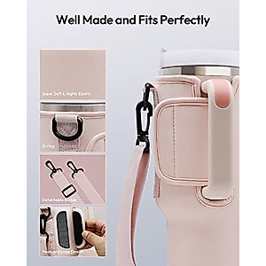 BILTRTE Water Bottle Carrier Bag Compatible with Stanley 40oz Tumbler with Handle, Water Bottle Holder with Adjustable Shoulder Strap for Hiking Travelling Camping (Rose Quartz, 40oz)