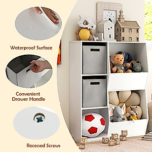 HONEY JOY 5 Cubbies Kids Toy Storage Organizer, Children Bookcase and Bookshelf w/2 Storage Boxes, Wooden Muti-Bins Toy Storage Display Cabinet for Playroom, Nursery, Daycare, Kindergarten