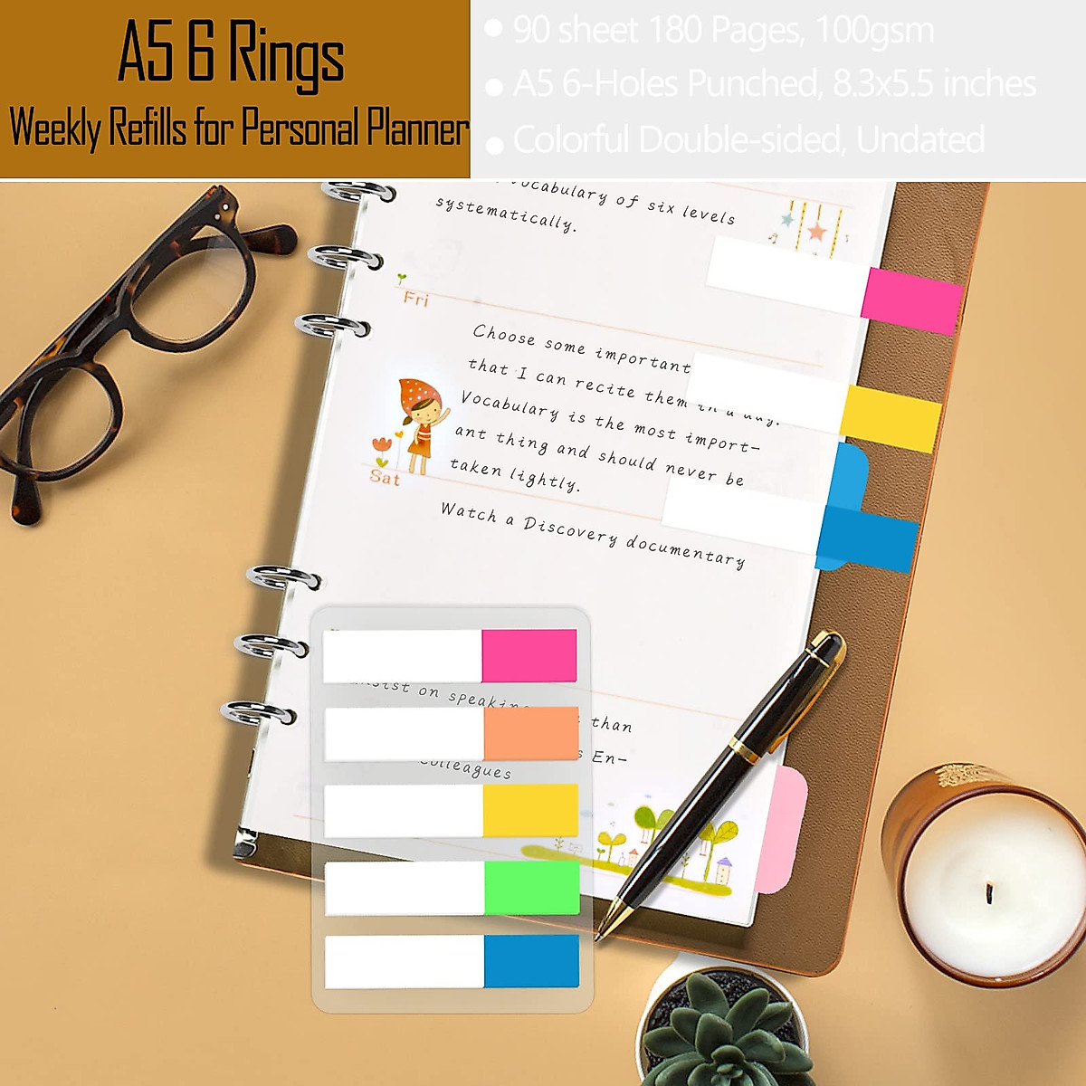 Rancco A5 Planner Inserts Weekly Planner Refills, 90 Pages Colorful 6-Ring Loose-leaf Paper Binder Inserts w/Divider, PVC Pouch, Ruler, Index Tab for Journal, Filofax, Double-sided, Undated, 8.3x5.6"