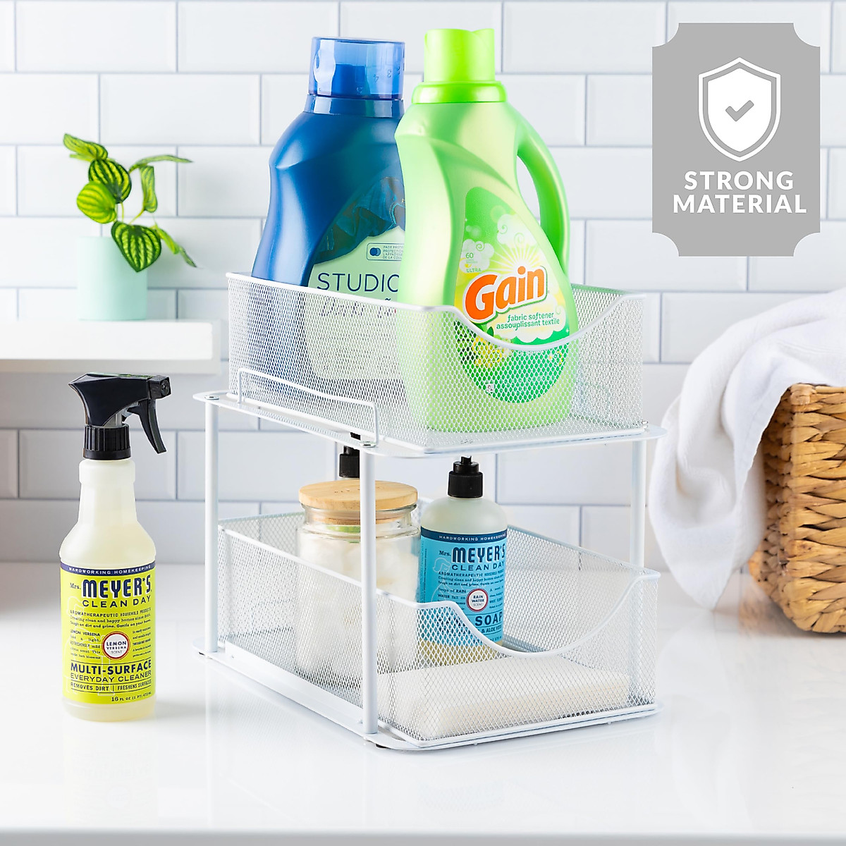 Sorbus 2 Tier Under the Sink Organizer Baskets with Mesh Sliding Drawers —Ideal for Cabinet, Countertop, Pantry, and Desktop, for Bathroom, Kitchen, Office, etc.—Made of Steel (White)