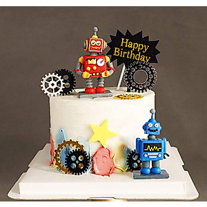 JeVenis Robot Cake Topper Robot Happy Birthday Cake Decoration Gear Cake Topper