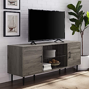 Walker Edison Saxon Mid Century Modern Glass Shelf TV Stand for TVs up to 65 Inches, 60 Inch, Slate Grey