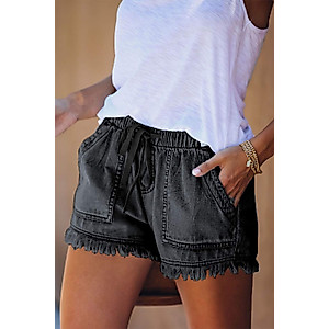 SMENG Womens Summer Cotton Casual Shorts for Women Plus Size Elastic Waist Linen 5 in Pants Pull on Drawstring Ladies Comfy Sleeping Clothes Black XL